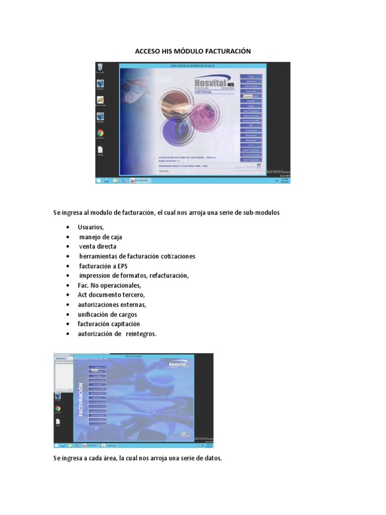 Acceso módulo facturación HIS submódulos usuarios caja ventas ...