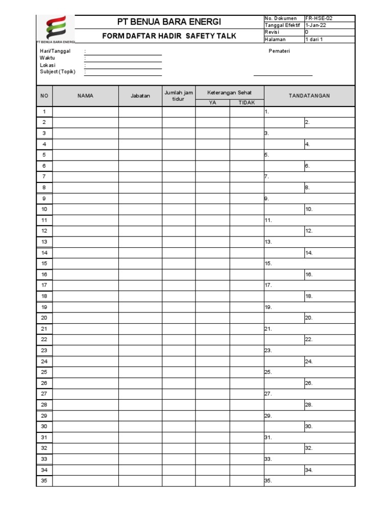 FR-HSE-02 Form Daftar Hadir Safety Talk | PDF