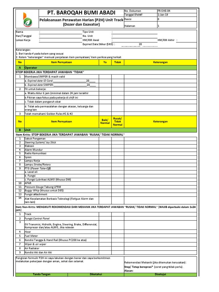 Formulir P2H Alat Berat Harian | PDF