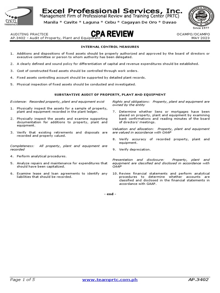 AP.3402 Audit of Property Plant and Equipment | PDF | Depreciation ...