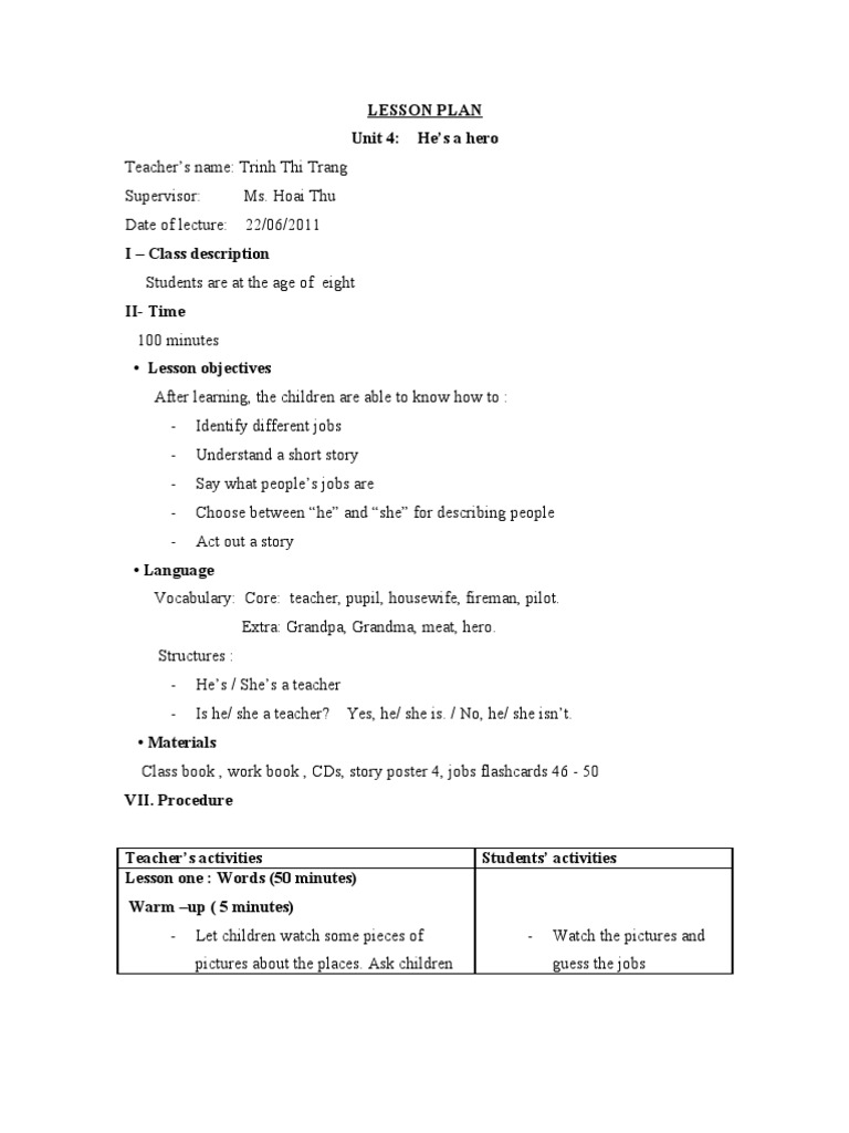 Grade 1 Lesson Plan: He's a Hero | PDF | Lesson Plan | Reading ...