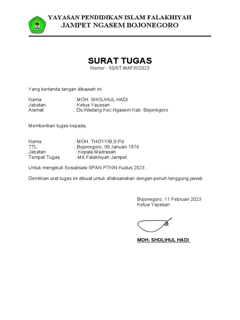 Contoh Format Surat Tugas Yang Berbentuk Lembaran Surat1 | PDF