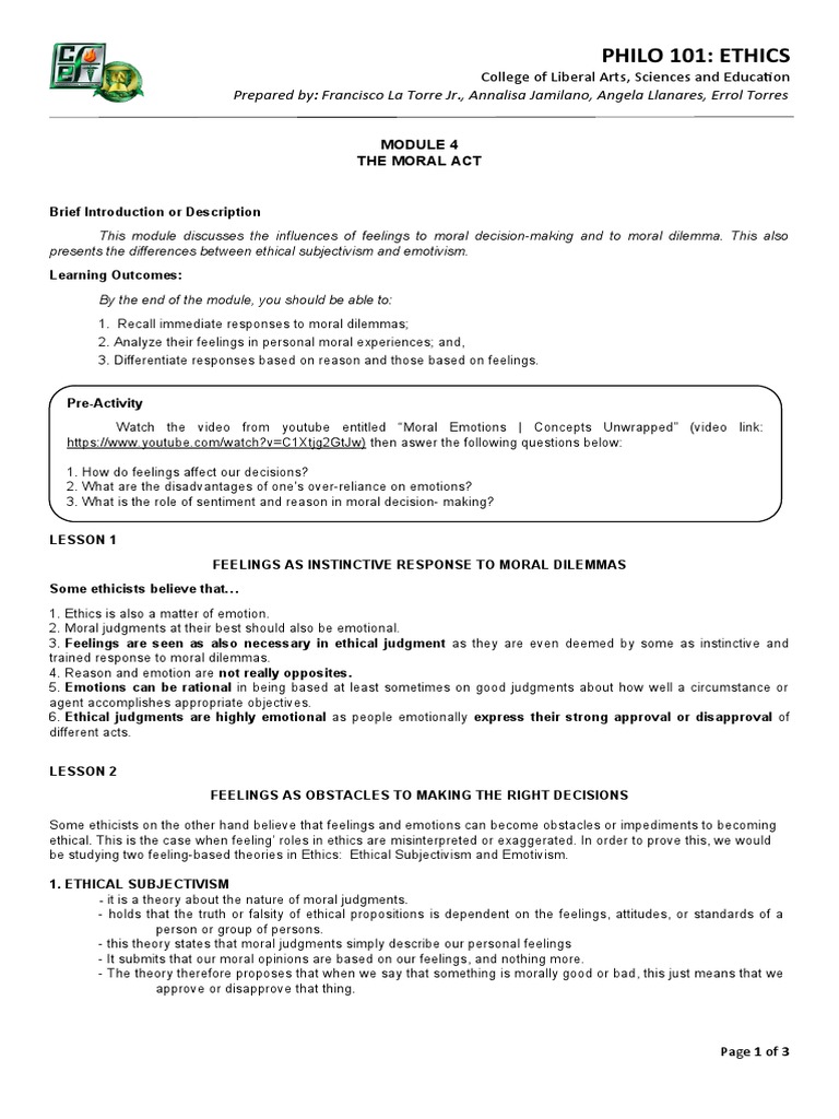 Philo101. Ethics Module 4 | PDF | Metaphysics Of Mind | Cognitive ...