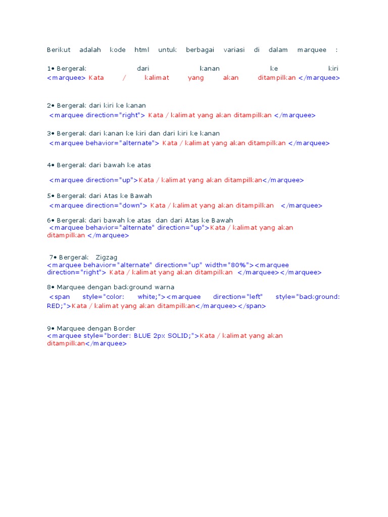 Berikut Adalah Kode HTML Untuk Berbagai Variasi Di Dalam Marquee | PDF