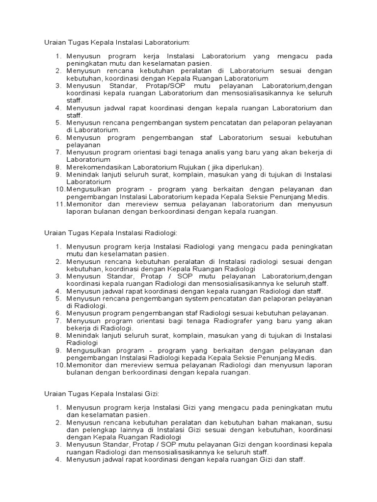 Uraian Tugas Kepala Instalasi Laboratorium | PDF
