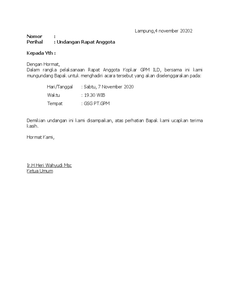 Undangan Rapat Anggota Kopkar GPM ILD | PDF | Hukum
