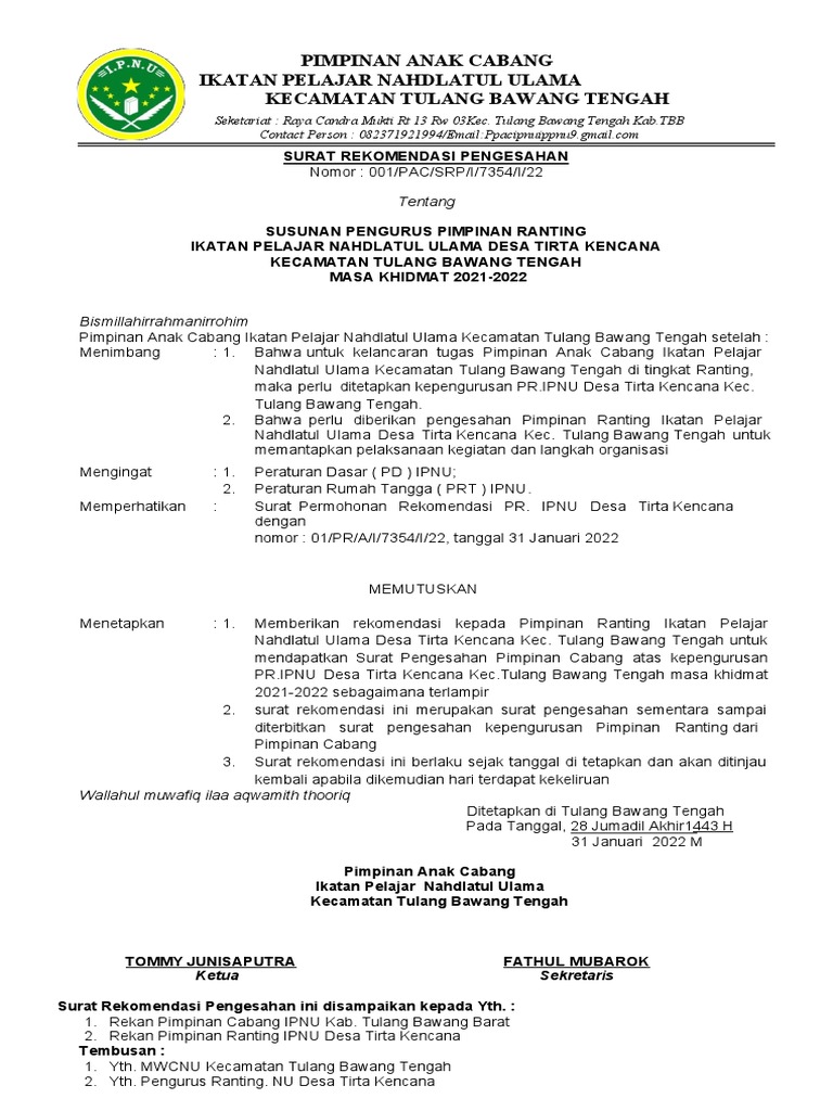 Contoh Surat Rekomendasi Pengesahan Ippnu | PDF Contoh Surat Rekomendasi Pengesahan Ippnu | PDF