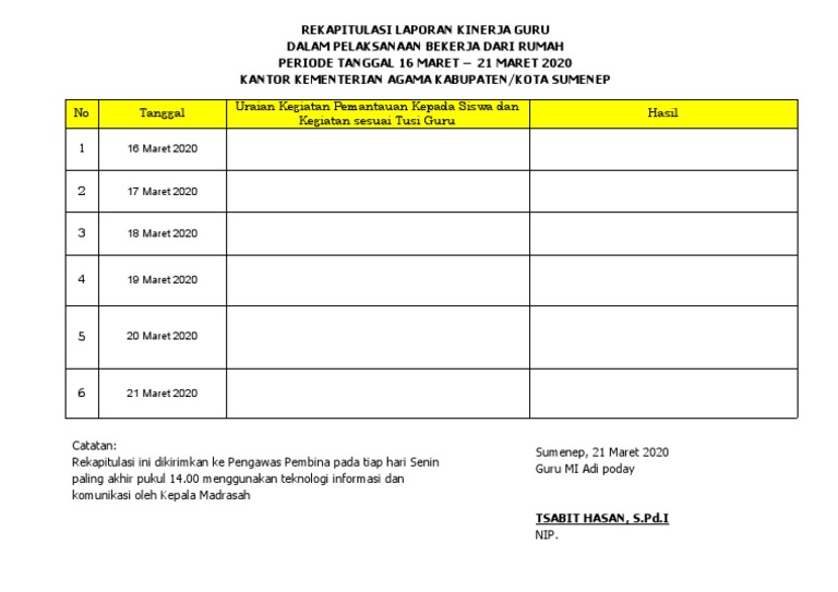 Contoh-REKAPITULASI LAPORAN KINERJA GURU | PDF