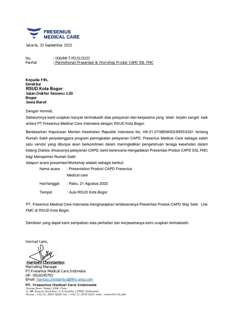 Surat Pengajuan Presentasi Produk SSL CAPD FMC | PDF