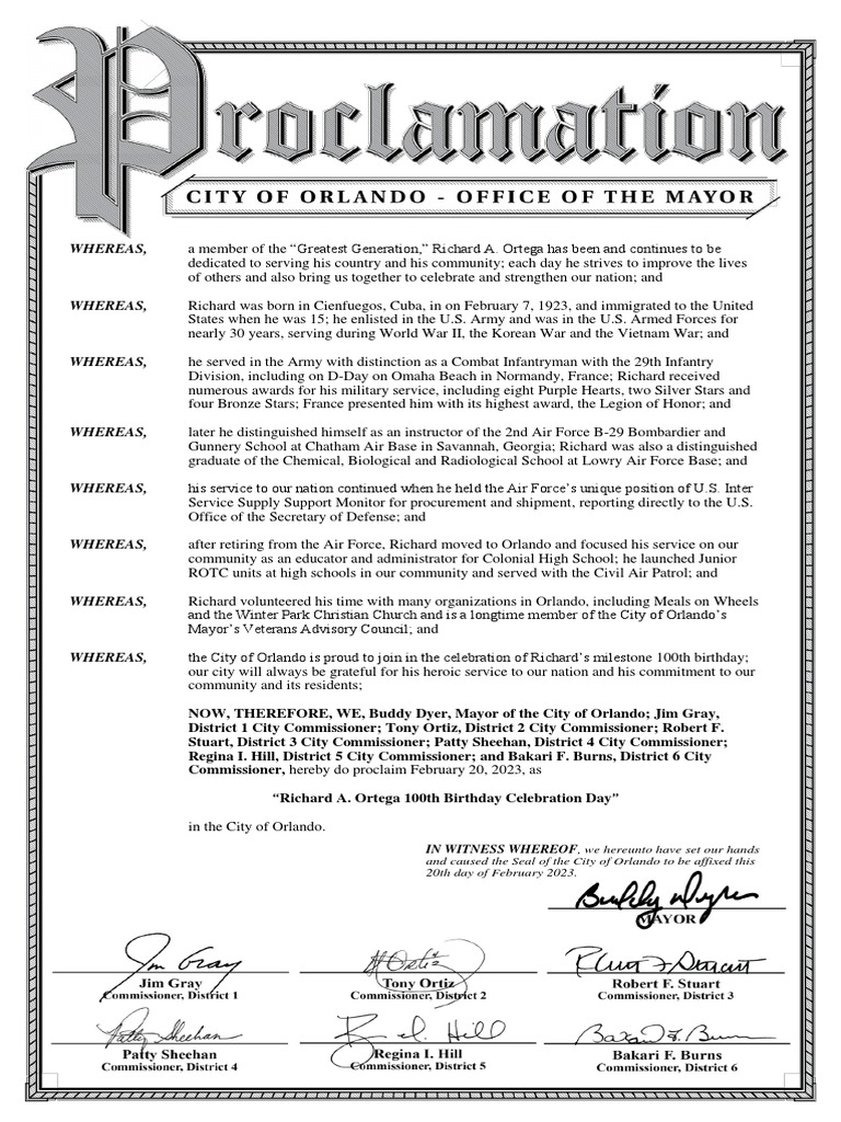 Richard Ortega 100th Birthday Proclamation-Feb 2023 | PDF | Defense ...