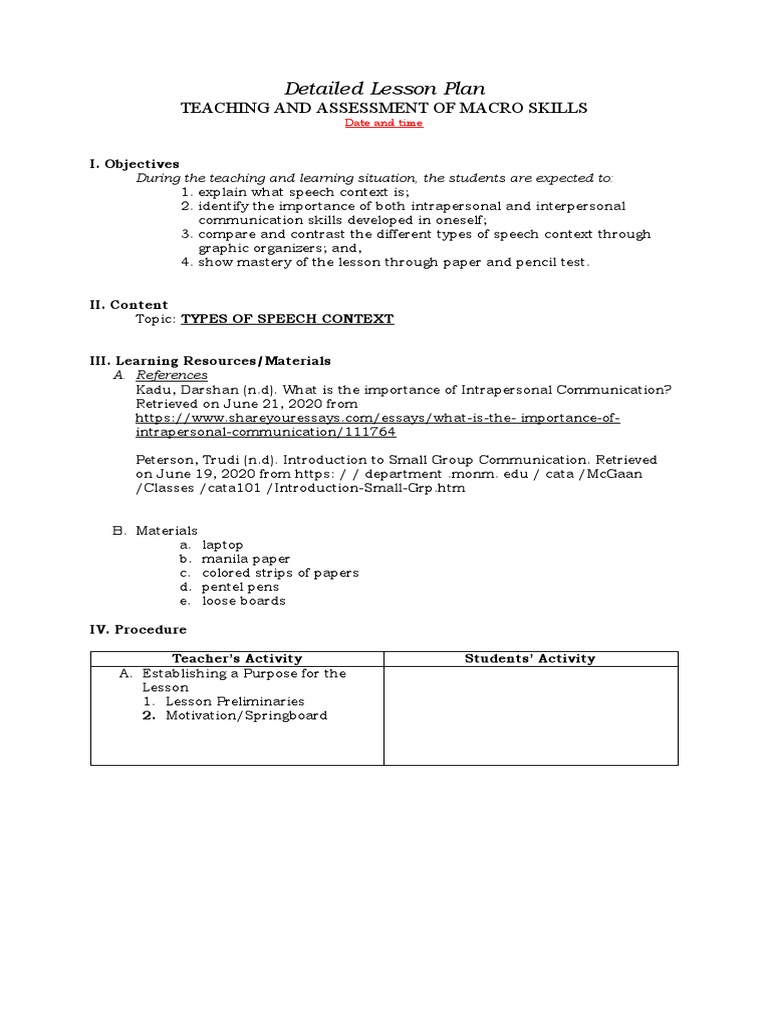 Sample Lesson Plan | PDF | Communication | Interpersonal Communication