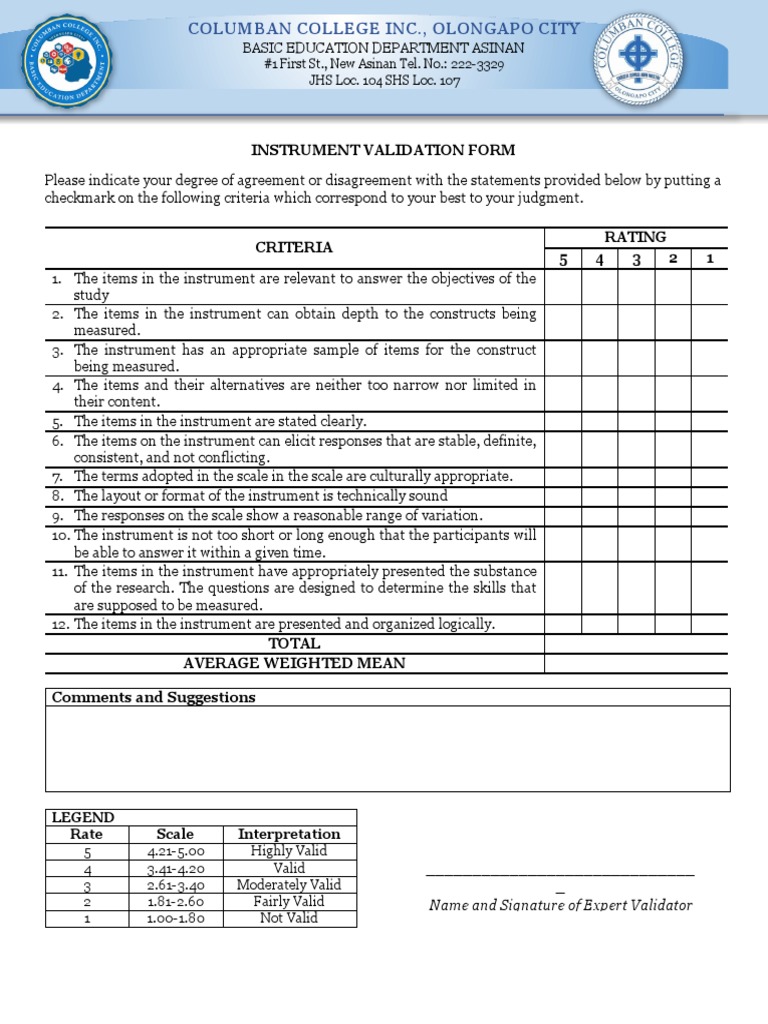 Instrument Validation Form Pdf