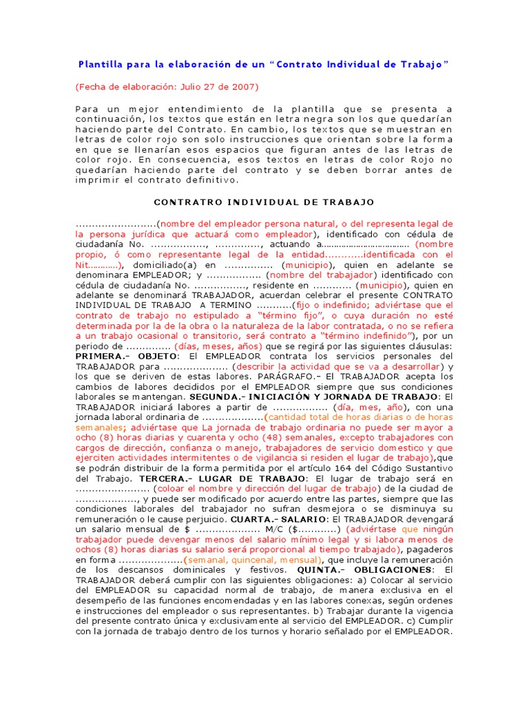 Plantilla para La Elaboracion de Contrato Individual de Trabajo | PDF | Tiempo de trabajo | Salario
