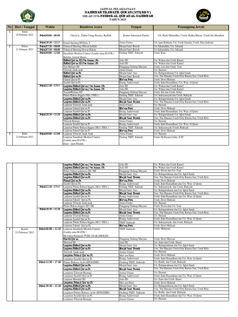 Jadwal Kegiatan MTQ 2023 | PDF