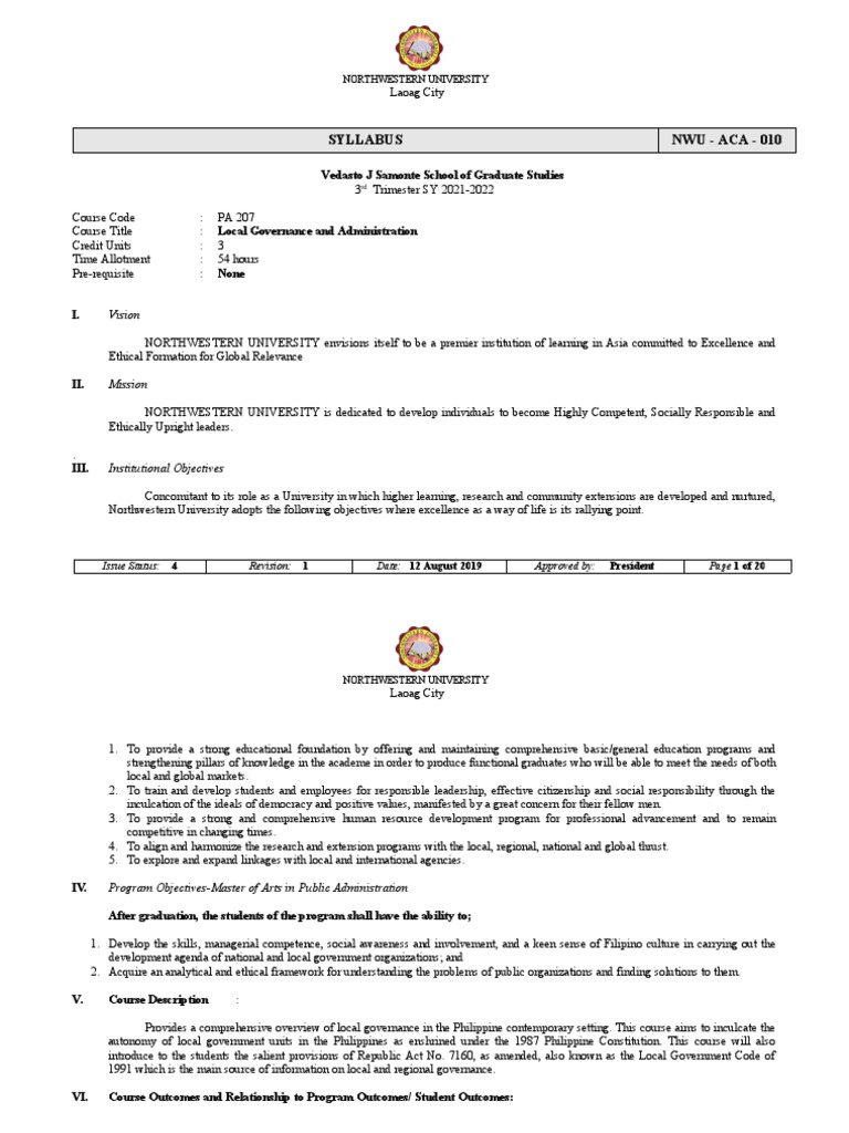 Local Governance and Administration Syllabus | PDF | Governance | Autonomy