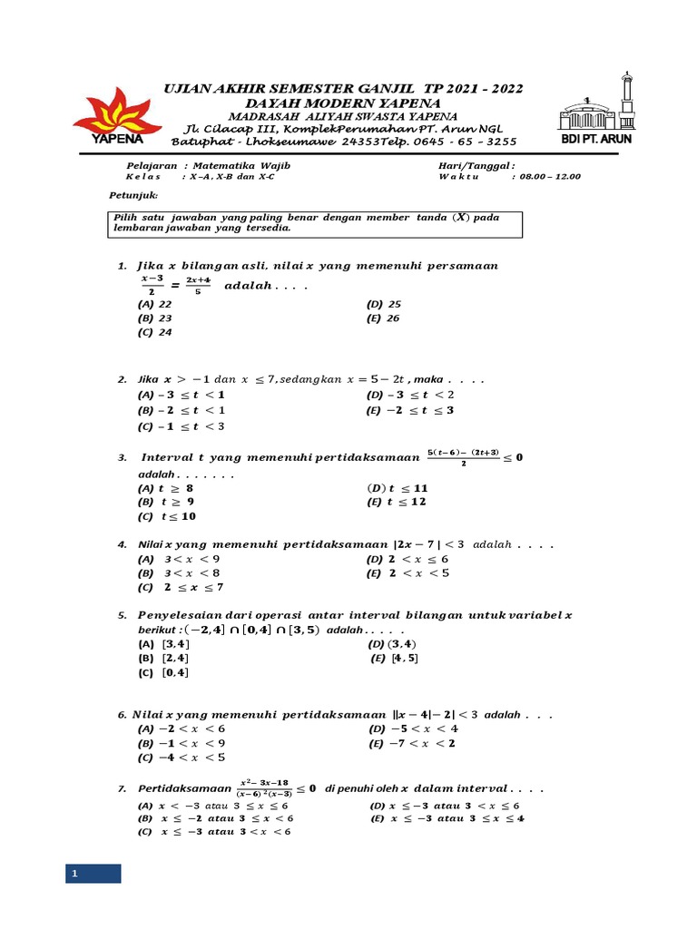 5 - MTK - MAS YAPENA SMT Ganjil MTK WAJIB 2021 - 2022 Kls X ABC | PDF