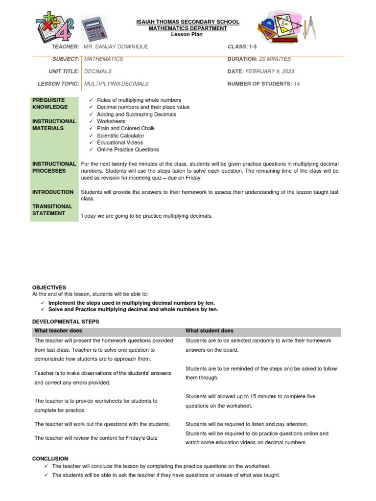 Multiplying Decimals: A Lesson Plan for Teaching Students How to Multiply Numbers with Decimals ...