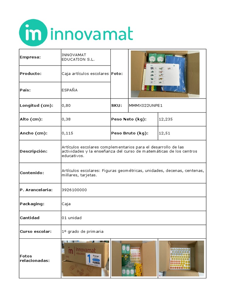 FICHAS TÉCNICAS CAJA DE ARTICULOS ESCOLARES - INNOVAMAT - Hojas de ...