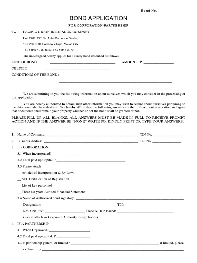 Bond Application-Corporation | PDF | Surety | Employment