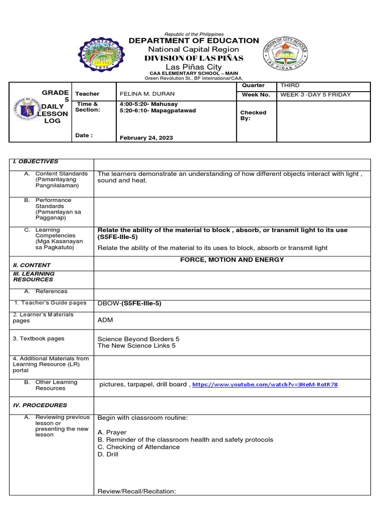 Grade 5 Science Week 3 Lesson Plan | PDF | Light | Reflection (Physics)