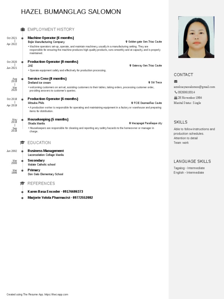 Hazel Bumanglag Salomon: Employment History | PDF | Economies | Business Process