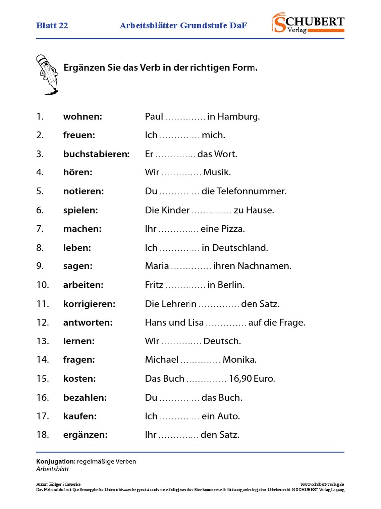 Ergänzen Sie Das Verb in Der Richtigen Form.: Arbeitsblätter Grundstufe ...
