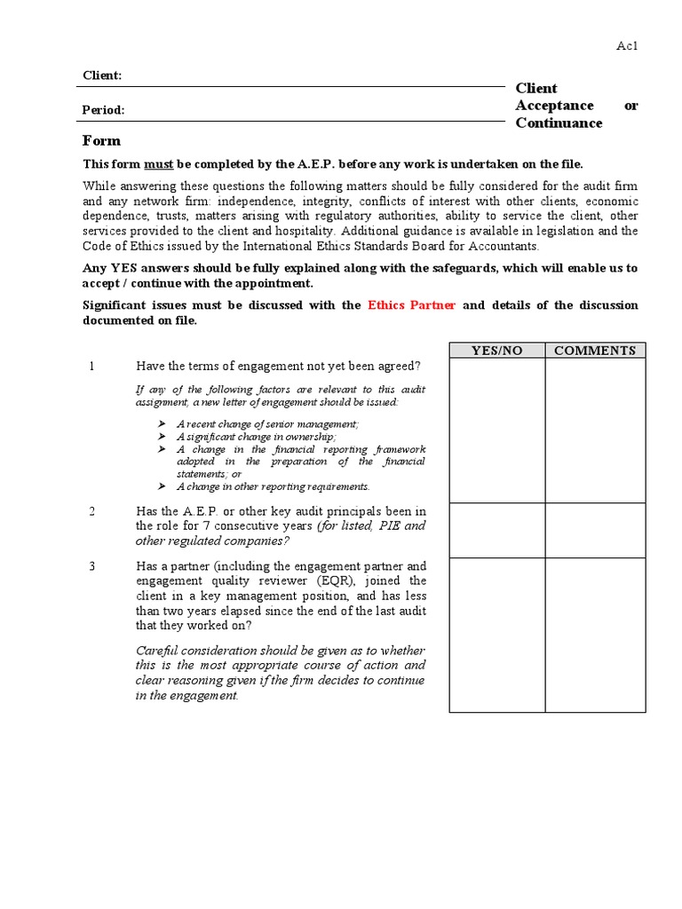Ac1 Client Acceptance or Continuance | PDF | Audit | Auditor's Report