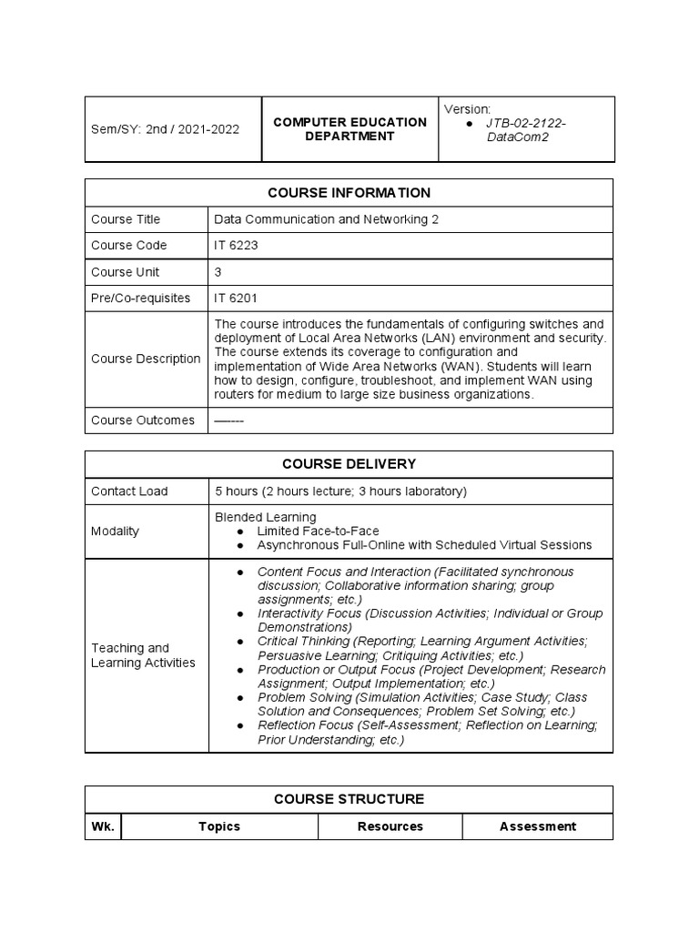Course Outline (Data Communication and Networking 2) | PDF | Computer Network | Wide Area Network