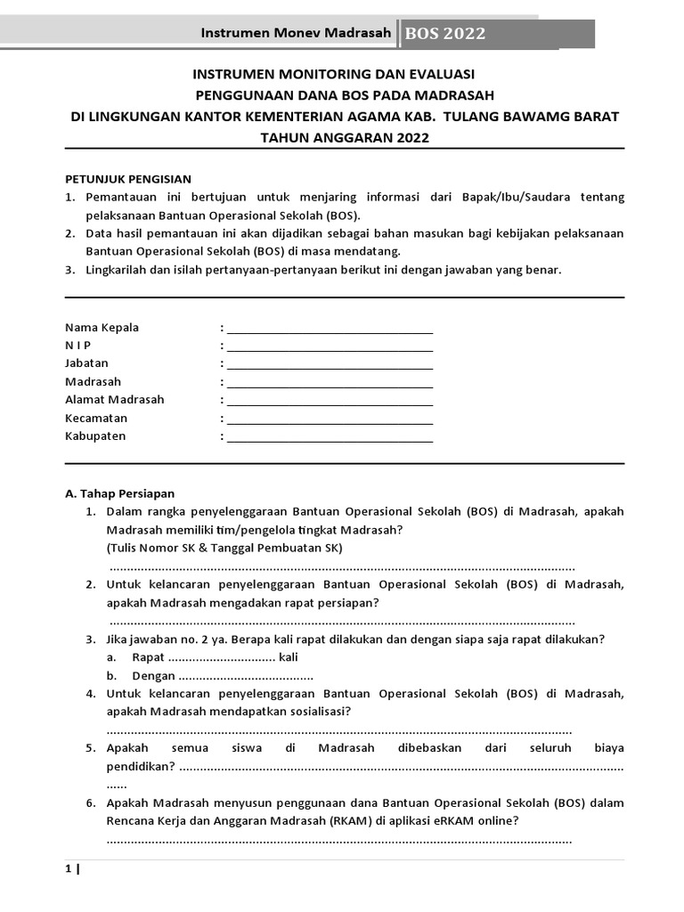 Instrumen Monev Bos Tahun 2022 Tahap 2 | PDF