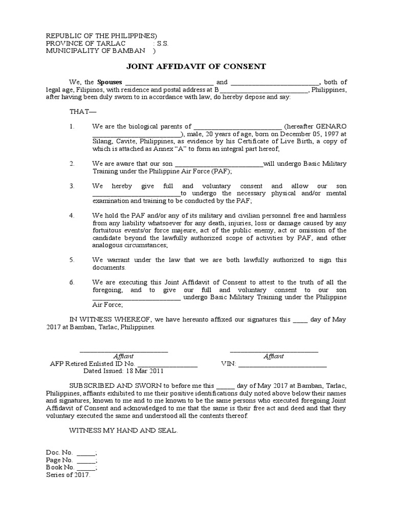 Joint Affidavit of Consent for PAF Training | PDF | Affidavit | Civil ...