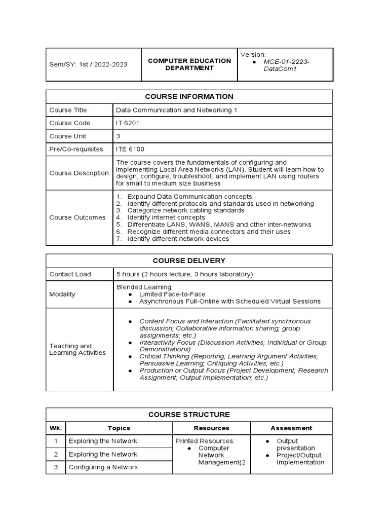 Course Outline Data Communication And Networking 1 Download Free Pdf Computer Network