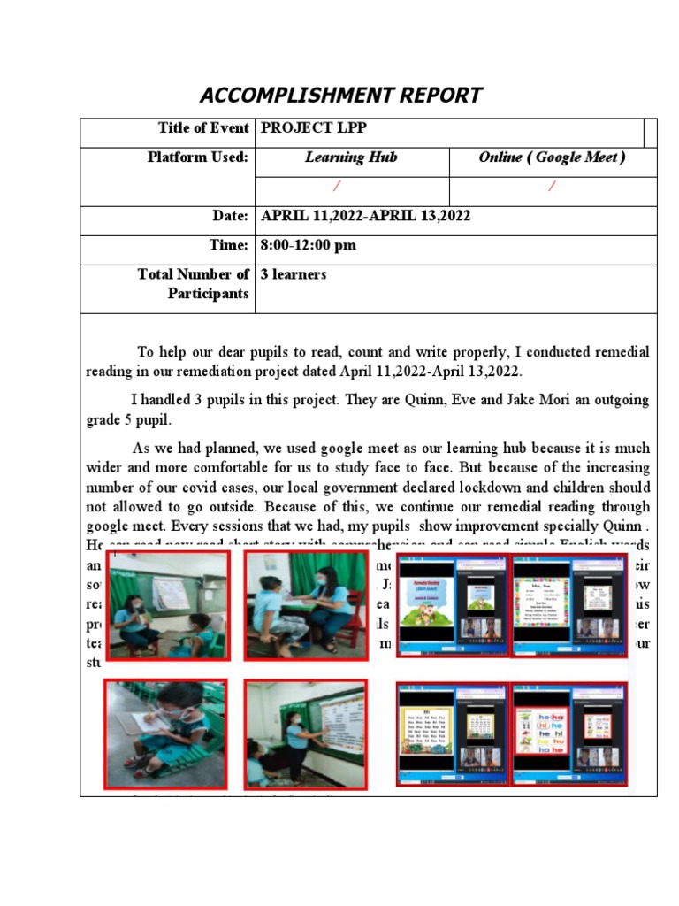 Remedial Reading Accomplishment Report | PDF