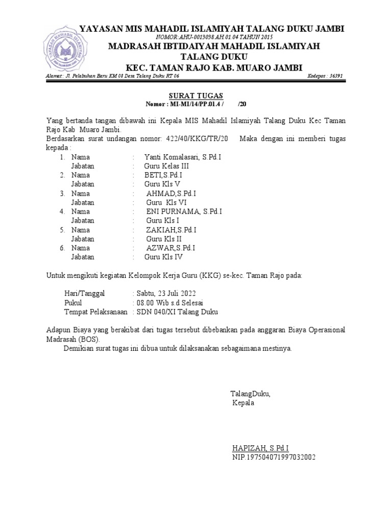 Surat Tugas KKG 2022 | PDF