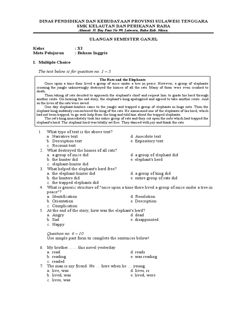 Ulangan Semester Ganjil - Multiple Choice and Essay Questions on English Lessons for 11th Grade ...