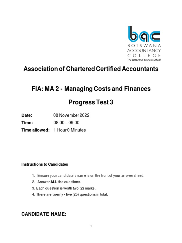 2022 Sept - December FIA ACCA MA 2 Progress Test 3 | PDF