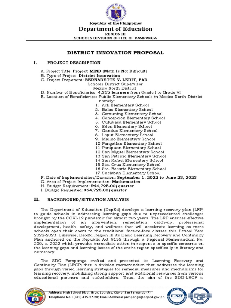 District Innovation Proposal - Project Mind | PDF | Learning | Critical Thinking