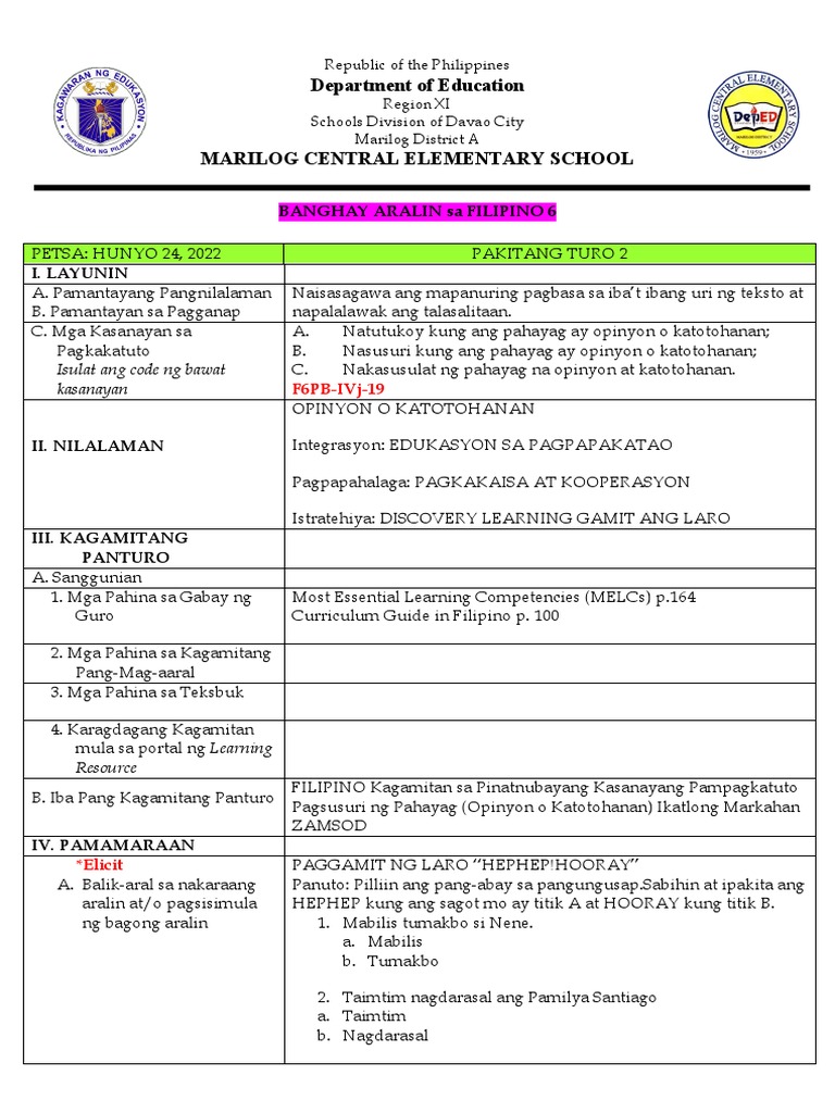Co 2 Lesson Plan Filipino 5 Katotohanan | PDF