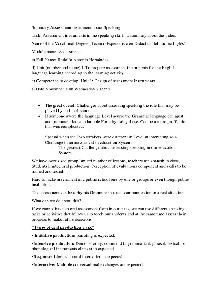 Summary Assessment Speaking Rodolfo Antonio Hernández | PDF ...