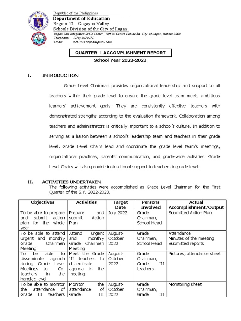 Grade III Chairman's Action Plan Report | PDF | Cognition