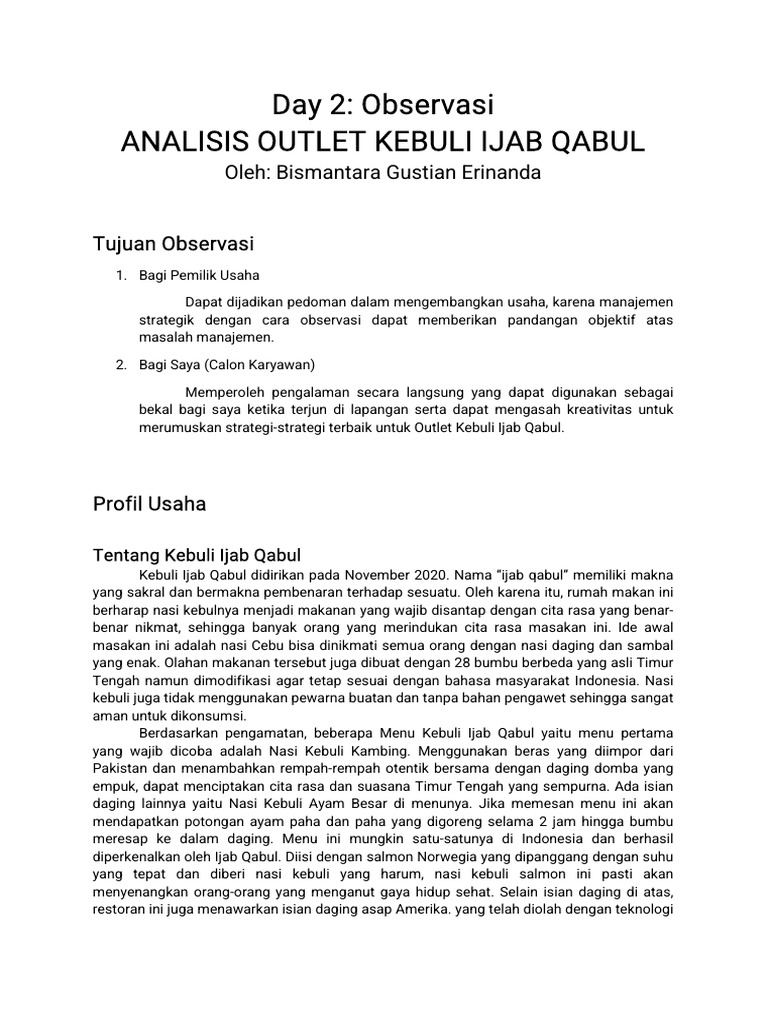 Day2: Observasi Outlet Kebuli Ijab Qabul | PDF