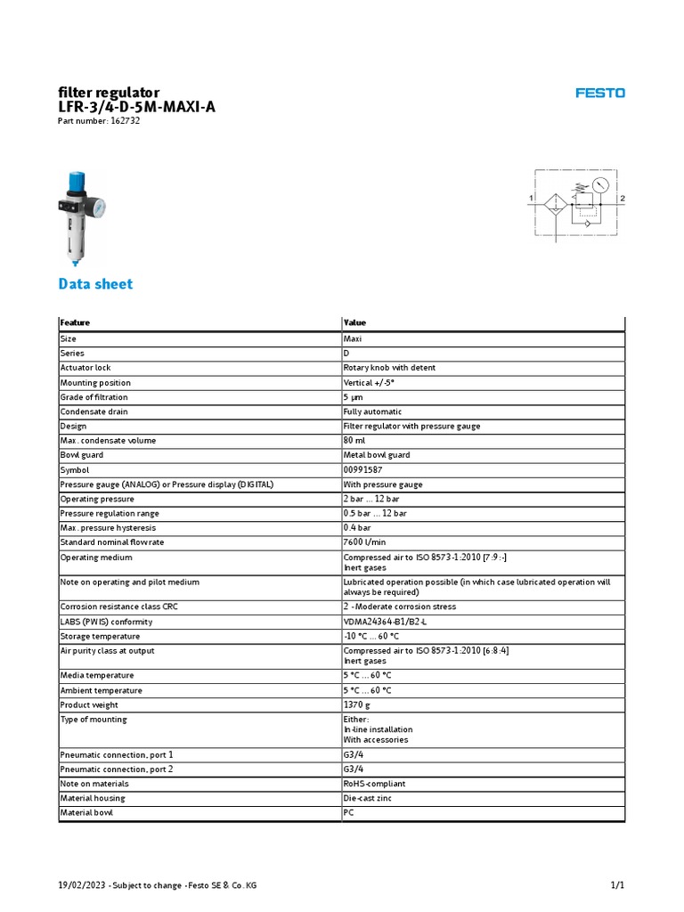 AFR Festo LFR 34 Auto Drain | PDF | Pressure | Pneumatics