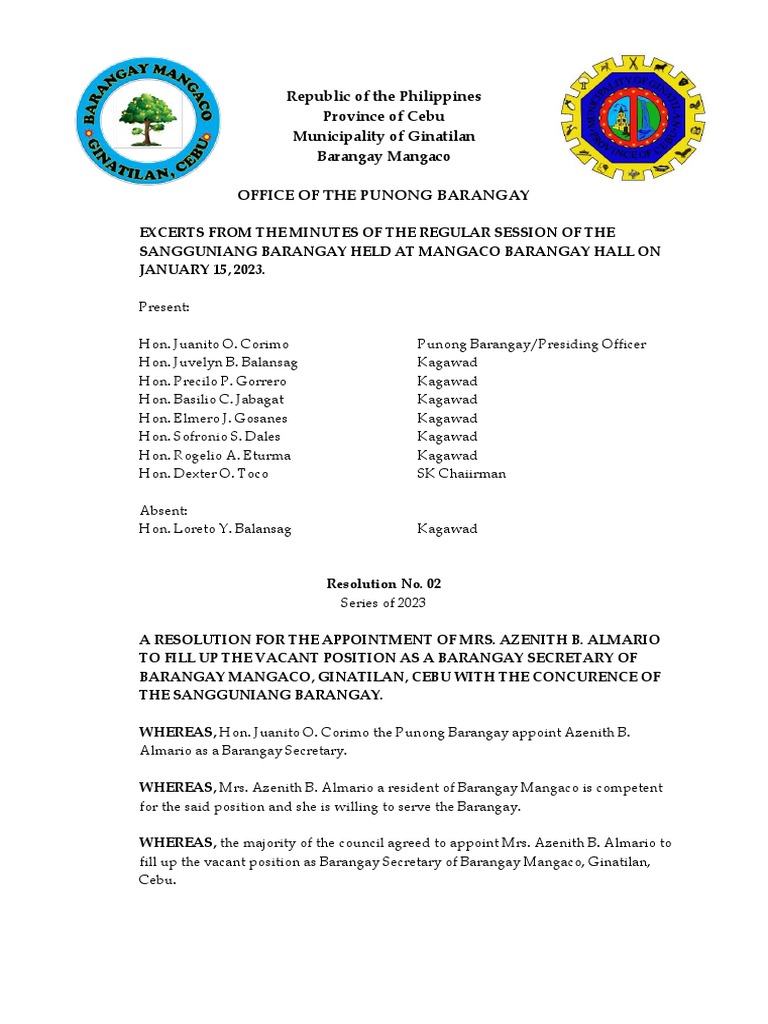 Resolution No.2 Appointment For Brgy. Sec | PDF