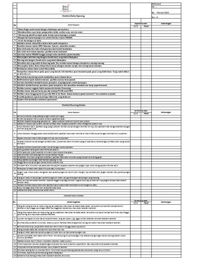 Checklist Operasional Harian EDC | PDF