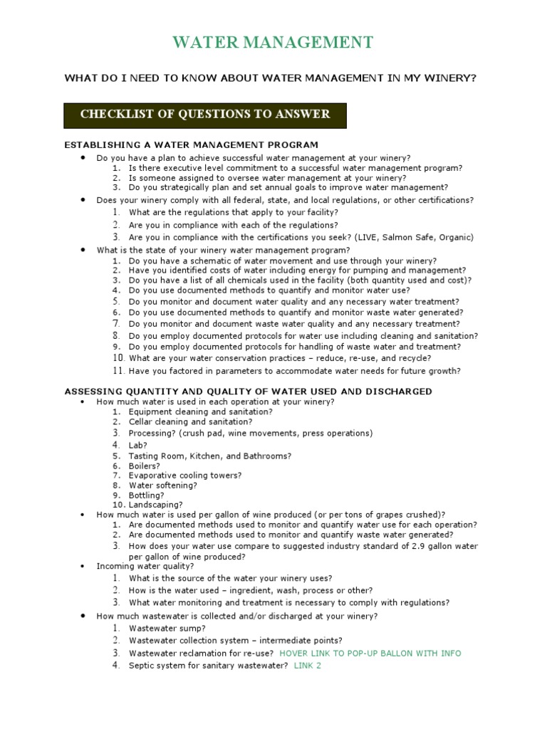 WINEWISE-Water Management Checklist | PDF | Winery | Wastewater