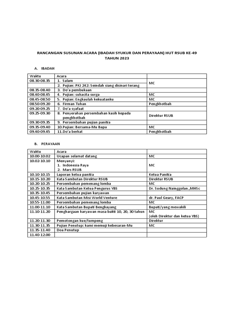 Rancangan Susunan Acara Hut Rsub Ke | PDF