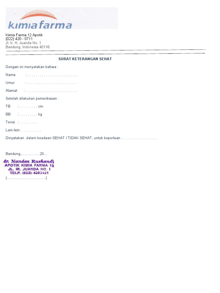 Surat Keterangan Sehat Kimia Farma 12 | PDF