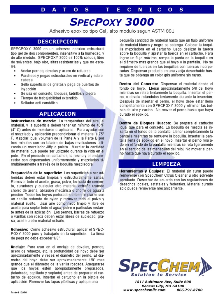 Adhesivo Epóxico Specpoxy 3000 | PDF | Hormigón | Materiales
