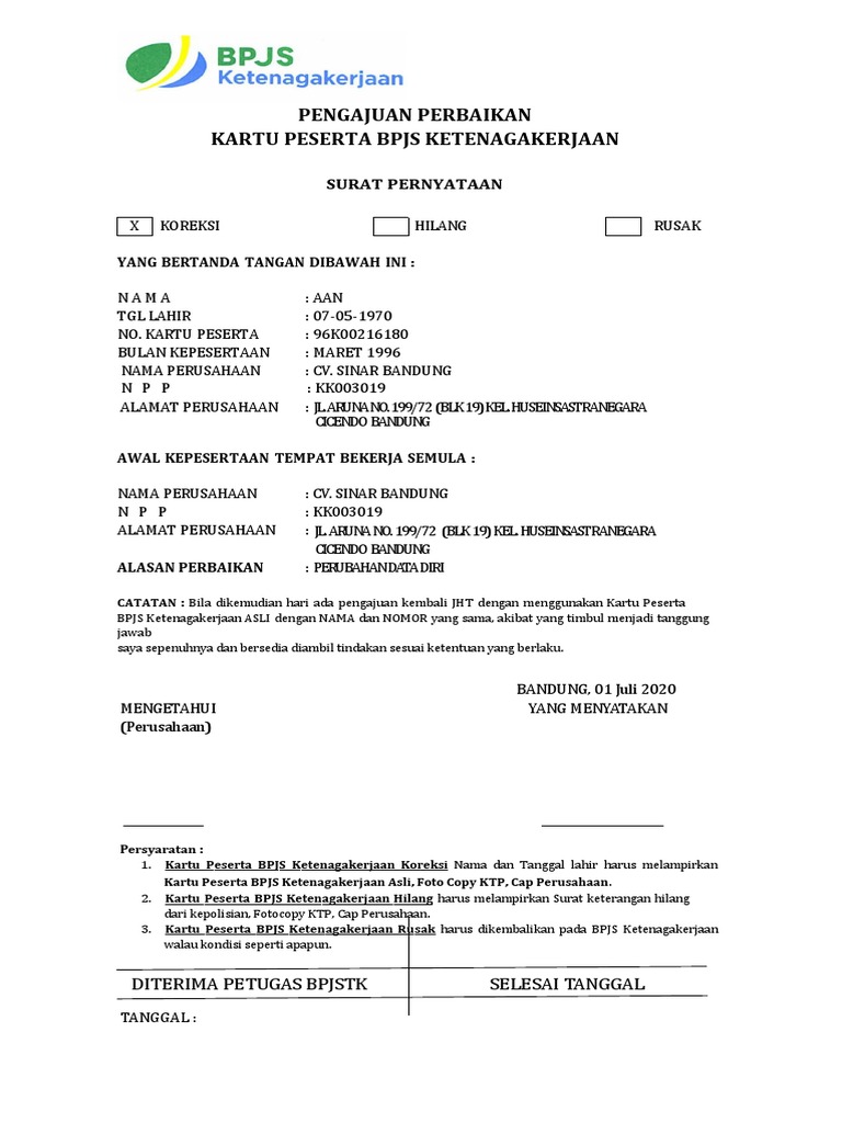 Pengajuan Perbaikan KPJ | PDF