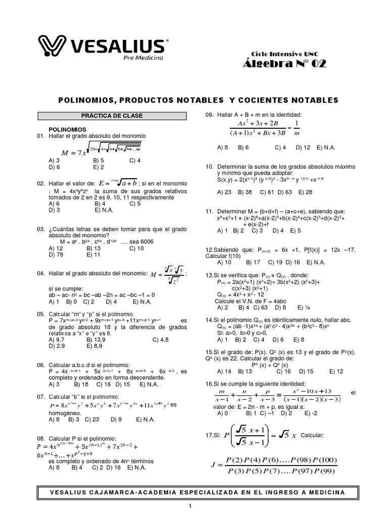 Alg. (03) Productos Notables Cocientes Notables | PDF | Matemáticas ...