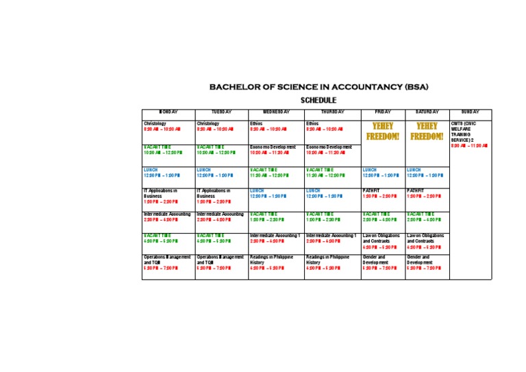 Yehey Freedom! Yehey Freedom!: Bachelor of Science in Accountancy (Bsa) Schedule | PDF